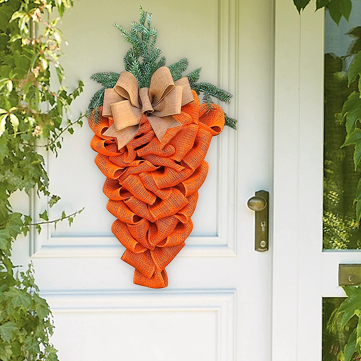 Easter Bunny Carrot Shape Wreath for Front Door Decoration,Artificial Carrot Wreath with Burlap Bow Simulation Carrot Hanging Wreath,for Home Festival Decor,Spring Garden Decoration,Easter Gift