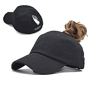 INOGIH Women Distressed High Bun Ponycaps Baseball-Hat Girls Cotton Ponytail Baseball-Cap Adjustable Black