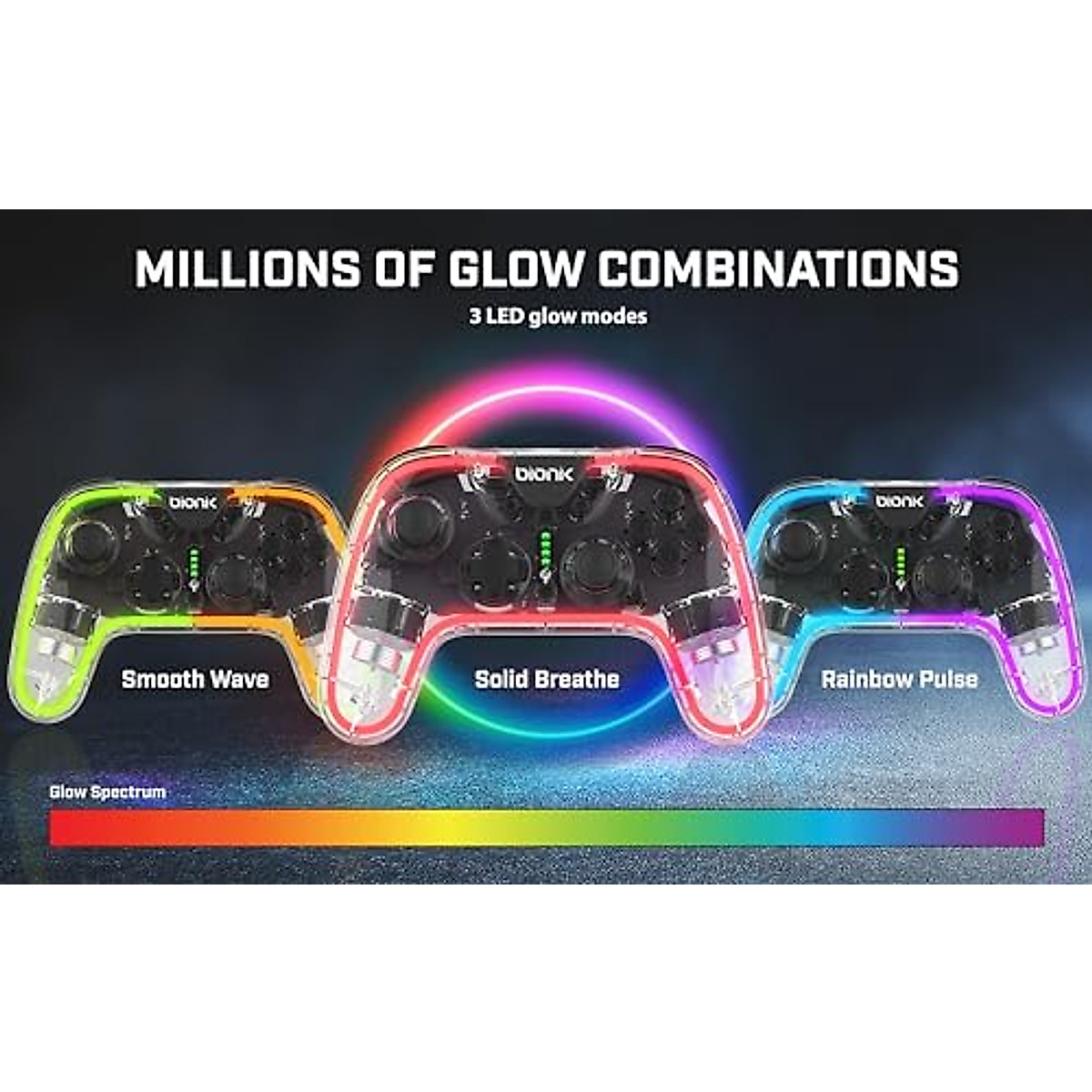 Bionik Neo Glow Nintendo Switch Wireless Controller: RGB Game Controller with Motion, 900 mAh Rechargeable Battery, Turbo Mode/Gyroscope/Transparent Shell/PC/Android