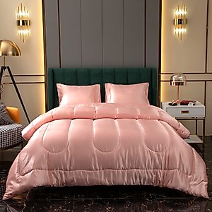 Satin Comforter Set King Size Silk Like Pink Comforter Silky Polyester Filling Bed Comforters Luxury Hotel Satin Pink Girls Bed Comforter 1 Comfrter 2 Pillowcase (King, Pink)