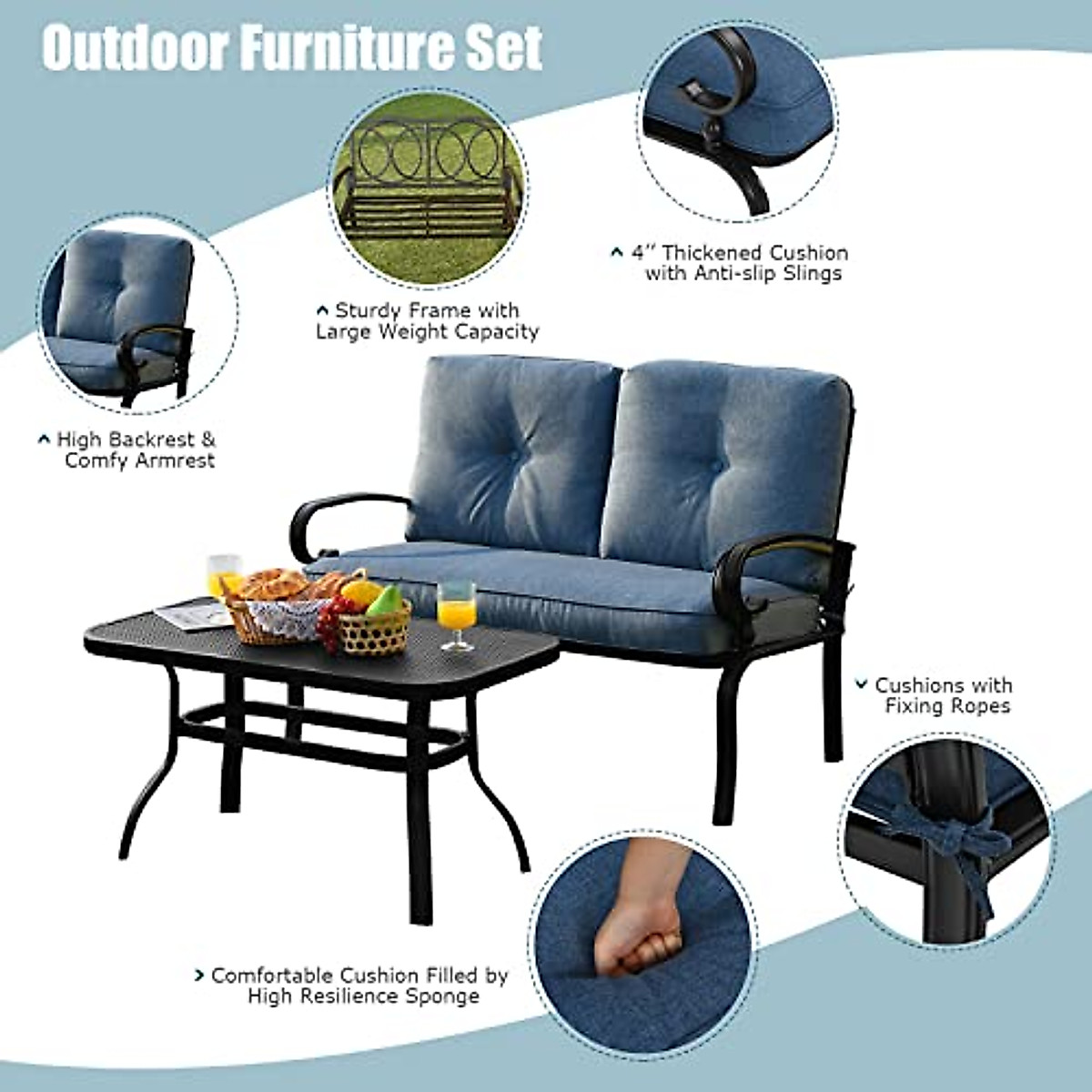 Tangkula Patio Loveseat with Table Set, 2 Seat Cushioned Sofa with Coffee Table, Patio Conversation Sofa Set with Rustproof Frame, 2 Pieces Outdoor Furniture Set for Garden, Poolside, Balcony (Blue)