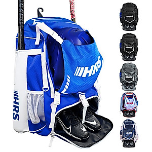 Hit Run Steal Blue Softball Baseball Bag - Holds 4 Bats, Glove, Water Bottle, Shoe Compartment, Helmet, Fence Hook for Equipment & Gear