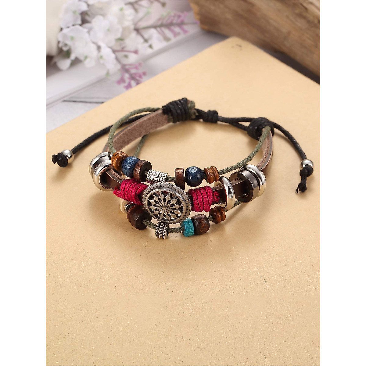 Hicarer Leather Necklace Bead Choker Adjustable Vintage Turquoise Necklace Handmade Woven Beaded Bracelet with 4 Pairs Bohemian Vintage Dangle Earrings Jewelry for Women