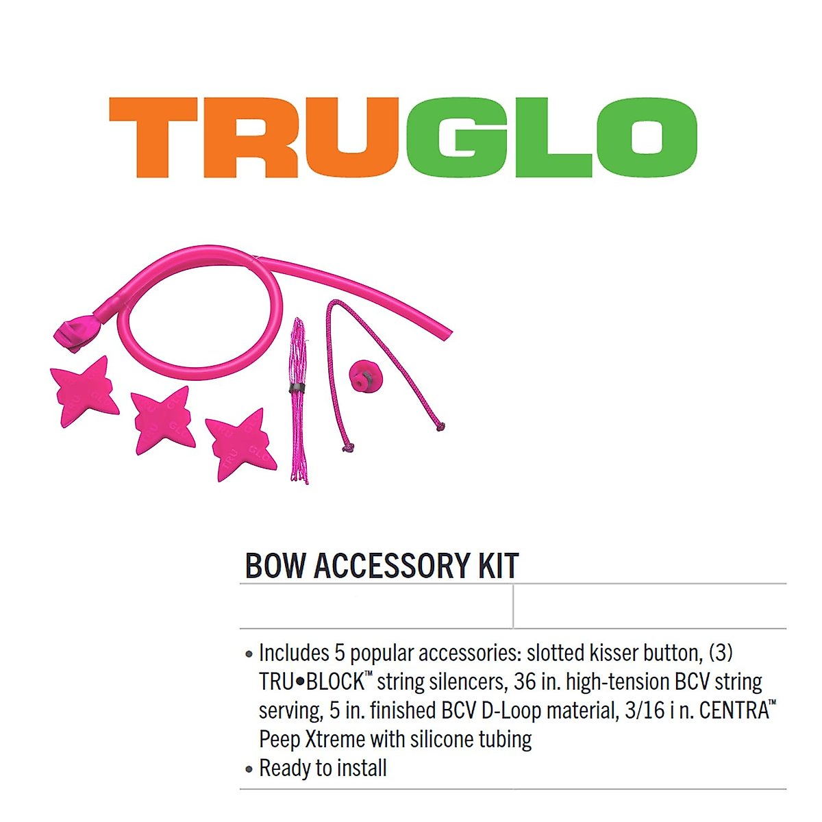 TRUGLO Bow Accessory Kit - 3/16' Peep Sight w/Tubing, Kisser Button, 3 String Silencers, 36' BCV String Serving, 5' BCV D-Loop Material, Pink