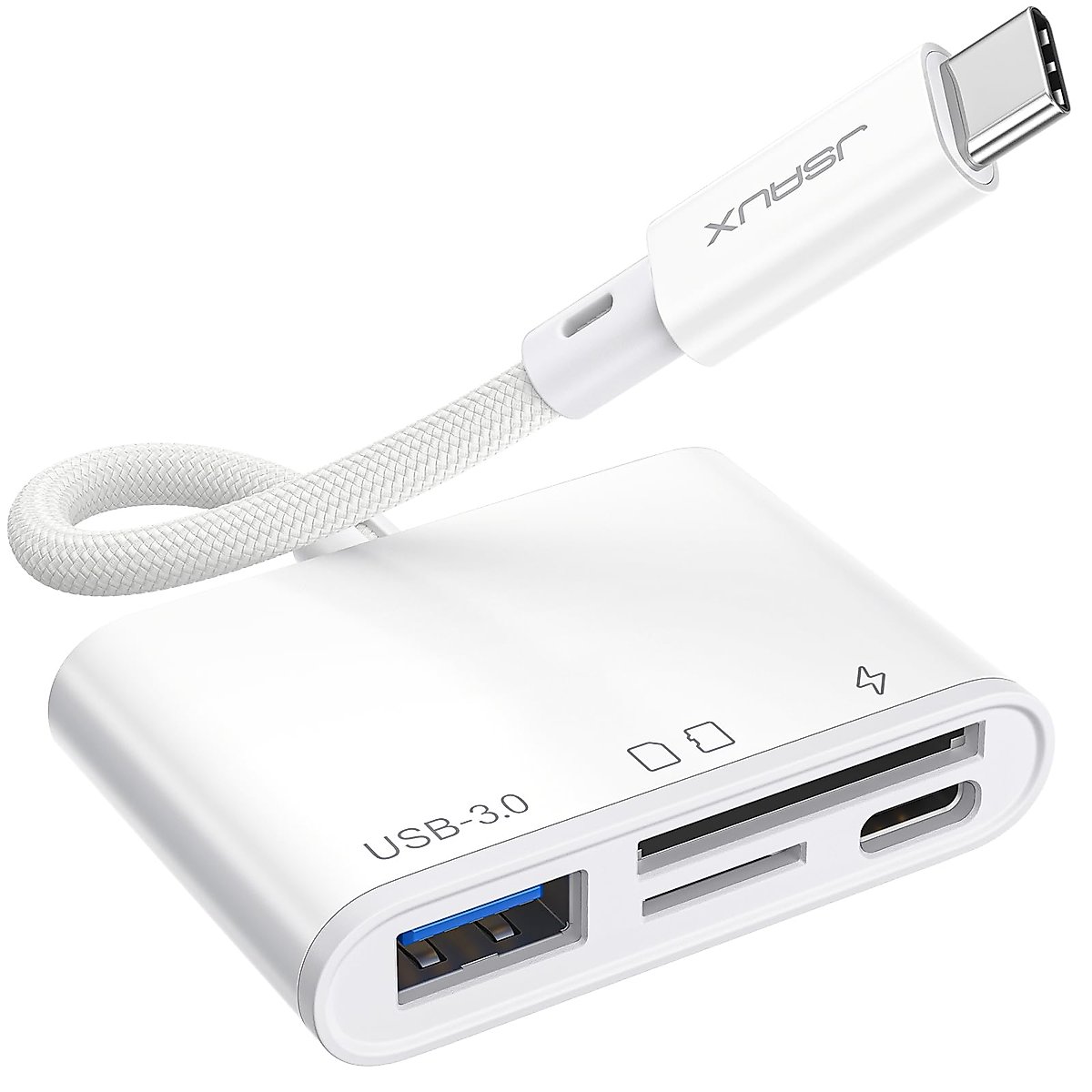 4-in-1 USB C SD Card Reader, JSAUX USB-C Micro SD Card Reader with (USB 3.0 & Charging) Port Compatible with iPhone 16/16 Plus/16 Pro/16 Pro Max, Android, Mac, Galaxy, iPad Pro, Camera -White