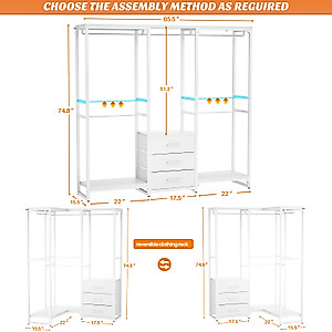 Aheaplus Garment Rack Heavy Duty Clothes Rack for Hanging Clothes,Clothing Rack with Drawers, Wood Stoarge Shelf Freestanding Closet Wardrobe Rack, Corner L Shaped Closet System Organizers, W3,White