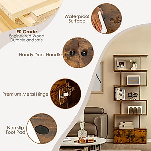 Tangkula S Shaped Bookshelf with Cabinet, 6-Tier Bookcase with Doors, Freestanding Geometric Bookshelves for Living Room, Anti-toppling Device, Home Office Wood Storage Display Shelf (1, Rustic Brown)