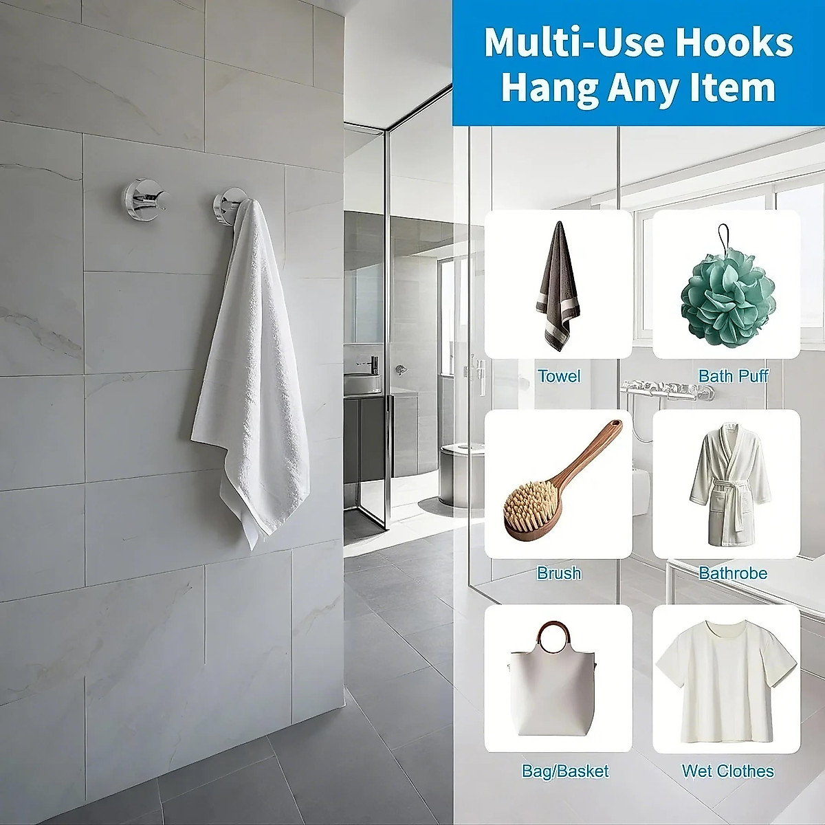 KaloTidy Suction Cup Hooks for Shower, Bathroom, Glass Window, Hanging Loofah, Towels, Coats, Robes, Kitchen and Door Hanger, Heavy-Duty Metal Hooks, Waterproof and Removable,2 Pack (Chrome)