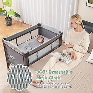 HONEY JOY Pack and Play with Bassinet, 4-in-1 Baby Playard with Changing Table & Removable Infant Full-Size Bassinet, Diaper Storage Basket & Music, Foldable Nursery Center w/Carry Bag (Gray)