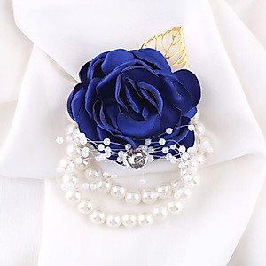 WANLIAN Blue Bridesmaid Wrist Corsage Wedding Flowers Prom Rose Corsage and Boutonniere Set for Wedding Party Prom Wedding Ceremony Anniversary Set of 2(Blue)
