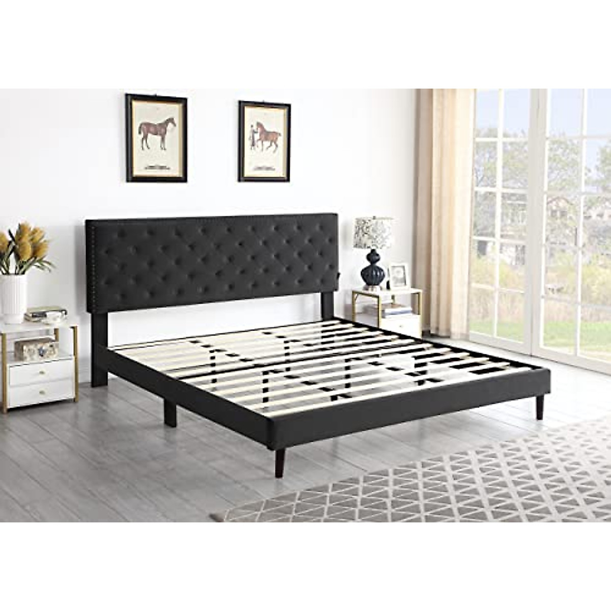 King Upholstered Platform Bed Frame with 48" Tall Adjustable Headboard - Button Tufted Suede Velour Bed- Wood Slat Support with Storage Space- No Box Spring Needed - Black - OLIVER & SMITH - Princeton