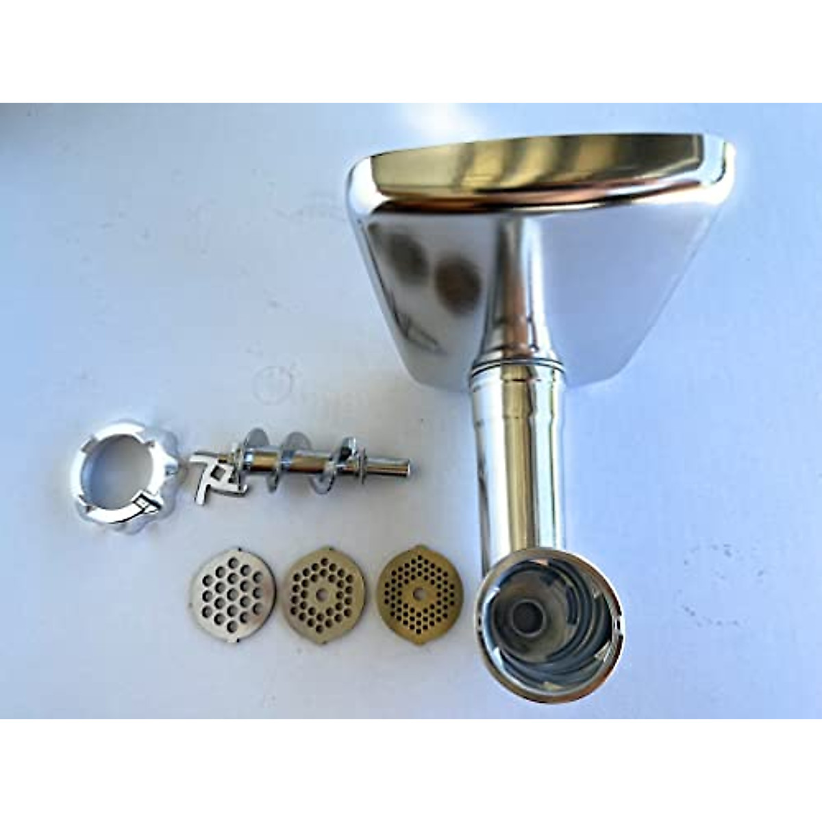 Meat Grinder attachments with feed tray, chute, and blade, Silver, 15x7