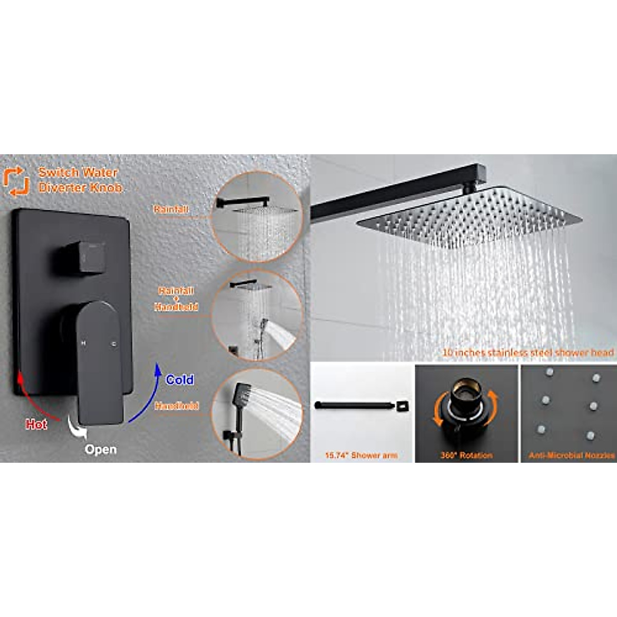 DIFEINI Shower Faucet Set Matte Black Shower System with 10 Inches Stainless Steel Rainfall Shower Head Pressure Balance Rough-in Valve Trim Kit Shower Fixture Combo Set,6012B