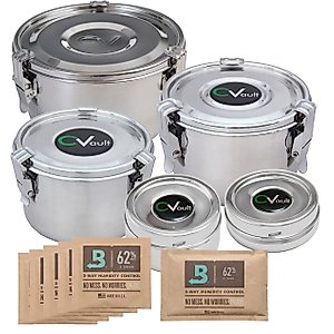 CVAULT Personal Combo Kit | Smell-Proof, Air Tight & Light Resistant | Includes (1) XSmall Twist, (1) Small Twist, (1) Medium, (1) Large, (1) 2-Liter and (5) 8-Gram Boveda 62%