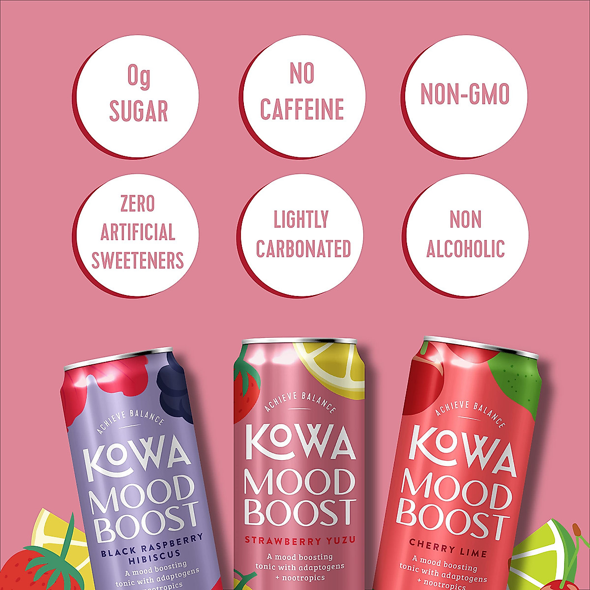 Kowa Mood Boost, 10 Calorie Soda, Adaptogen Drink, 0 Sugar, No Caffeine, Variety Pack, 12 fl oz (Pack of 12)