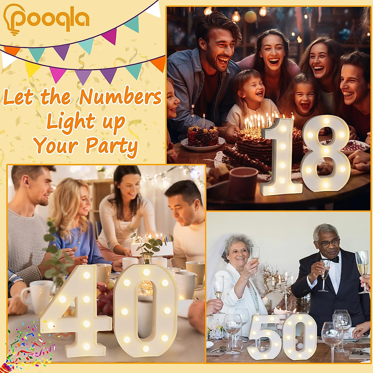 Pooqla Decorative Led Light Up Number Letters, White Plastic Marquee Number Lights Sign Party Wedding Decor Battery Operated Number (1)