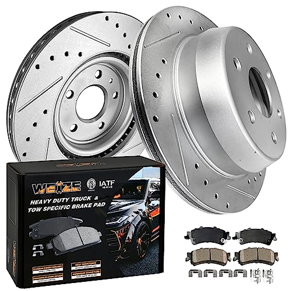 WEIZE Rear Truck & Tow Brake Rotors Kit, Carbon Fiber Ceramic Brake Pads and Drilled/Slotted Brake Discs, Fit for Chevy Silverado GMC 1999-2006