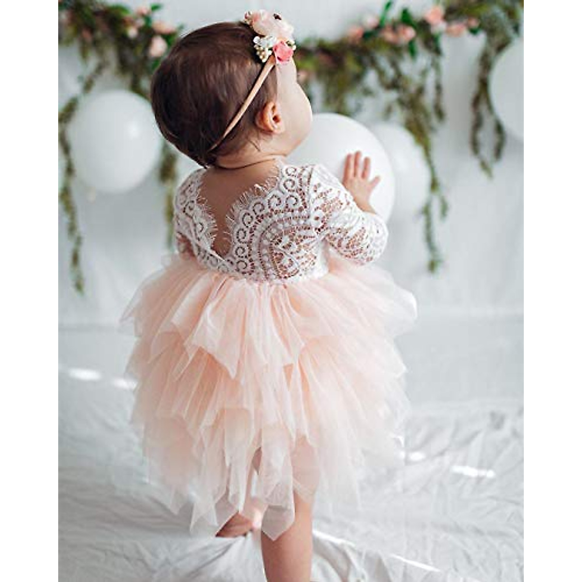 2Bunnies Girl Peony Lace Back A-Line Tiered Tutu Tulle Flower Girl Dress (Pink 3/4 Sleeve Short, 12Months)