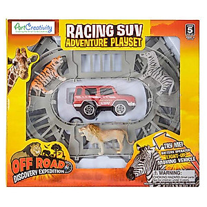 ArtCreativity Battery Operated SUV Playset for Kids, Adventure Play Set with 3 Animal Figurines, 10 Tracks, and SUV Safari Car with Lights and Sounds, Best Car Gifts for Boys and Girls