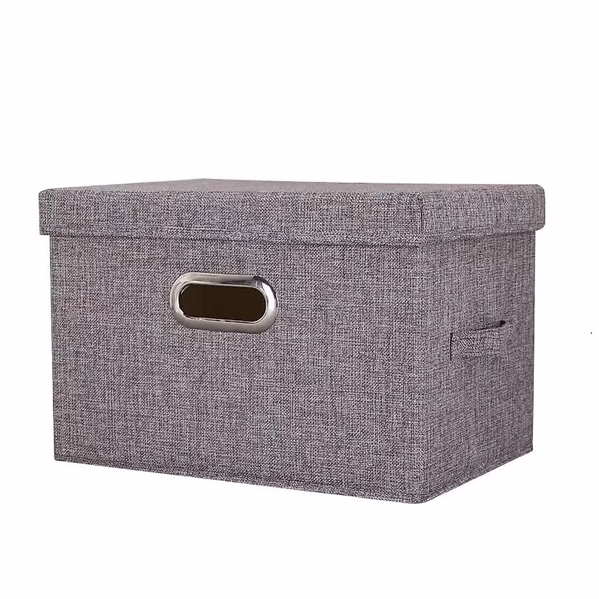 Grey Collapsible Storage Box with Lid, Cotton Linen Washable Dorm Office Bedroom Organizer
