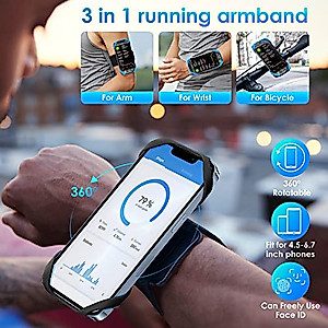 Cikyner Running Armband, 3 in 1 Running Phone Holder Sports Armband Bicycle Phone Holder 360° Rotatable & Detachable Running Phone Armband for 4.5-10'' iPhone Huawei for Gym Running Hiking