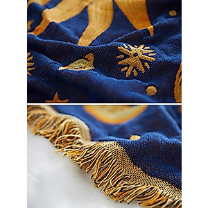 MayNest Sun And Moon Stars Hippie Throw Blanket Celestial Tapestry Double-sided Reversible Woven Cotton Home Decor Bedding Chair Couch Recliner Cover Loveseat Rug Oversized Tassels Blue Yellow (71x51)