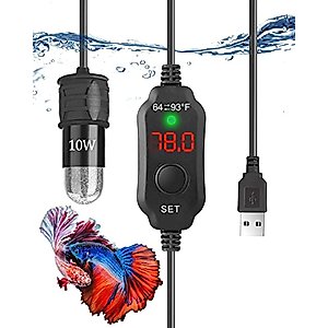 Kulife 5V/2A USB Powered 10W Super Mini Fish Tank Heater Adjustable Submersible Aquarium Heater Betta Heater Turtle Heater with LED Display Thermostat - for up to 1 Gallon Tanks