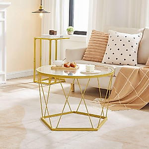 HOOBRO Coffee Table, Gold Glass Coffee Table for Living Room, 27.6" Round Coffee Table, 1 Layer Center Table, Metal Frame, Hexagonal Design, for Small Space, Reception Room, Apartment, Golden GD70KF01