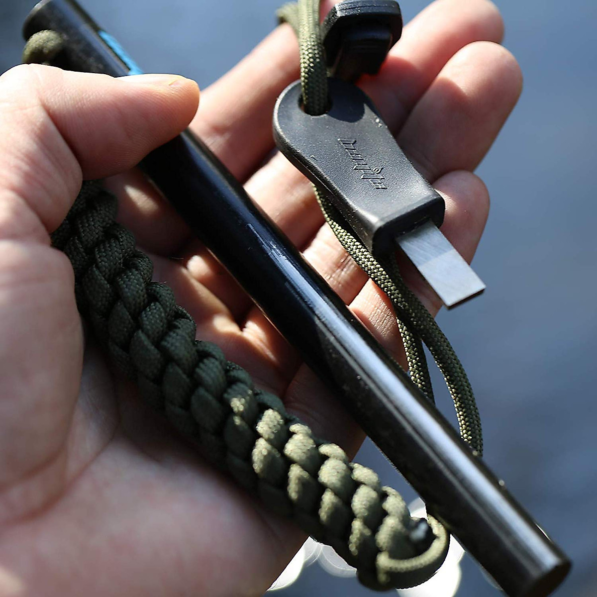 bayite 1/2 x 6 Inch Survival Drilled Flint Steel Fire Starter Ferrocerium Rod Kit with Striker-Pro Striker Paracord Landyard Handle Large