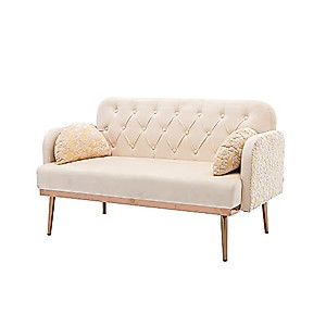 Anwickmak Twin Size Loveseat Accent Sofa Small Velvet Couch with Elegant Moon Shape 2 Pillows and Golden Metal Legs, for Living Room Bedroom Sofa with Tufted Backrest, (Beige)
