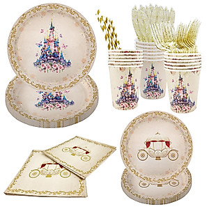 AIBIIN 112 PCS Princess Party Plates Princess Birthday Decorations Once Upon a Time Castle Princess Party Tableware Set Purple Floral Napkins for Girl Baby Shower Party Decor Supplies Favors Serves 16
