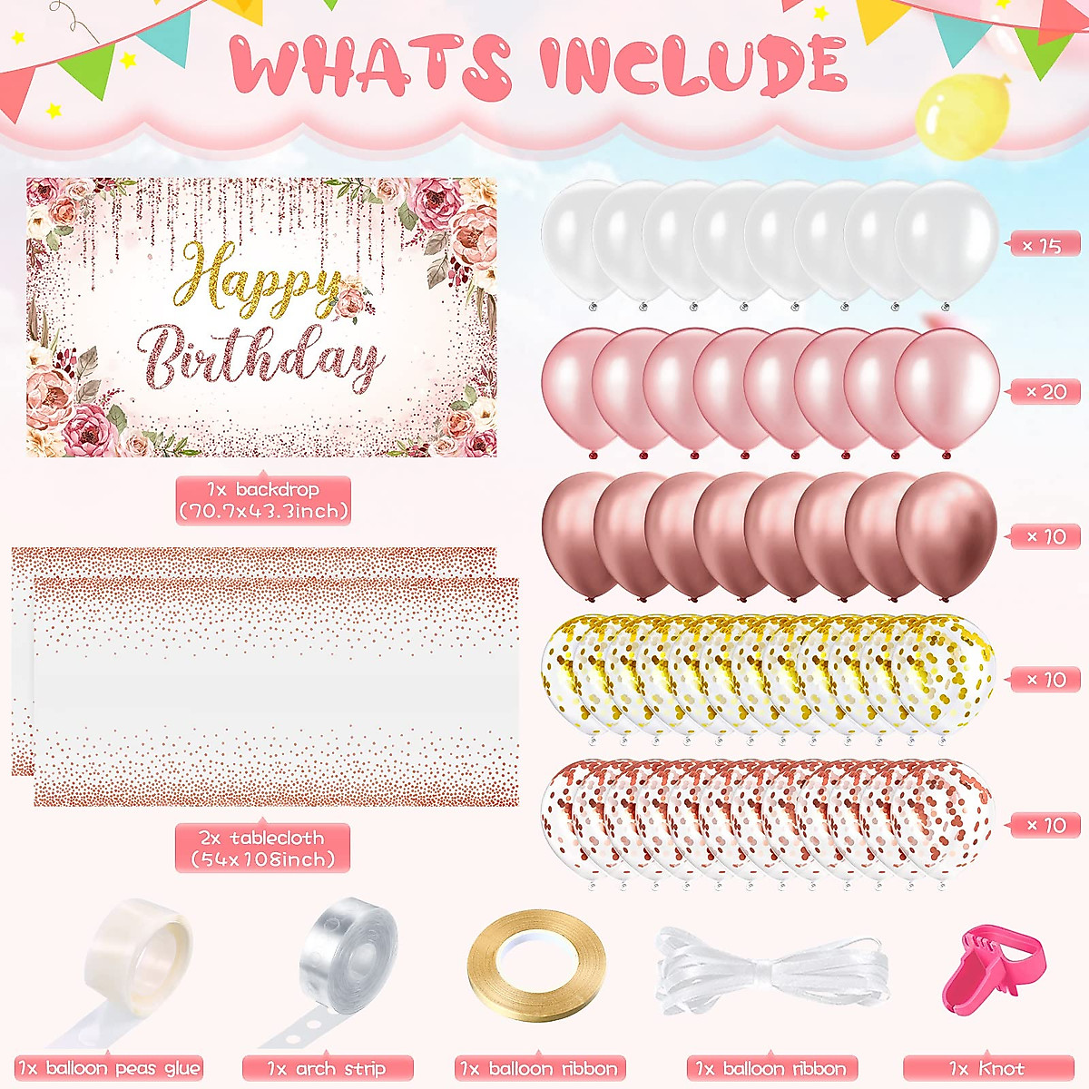 72 Pieces Birthday Decorations for Women Girls Included Backdrop Tablecloths Balloons Floral Garland Happy Birthday Party Supplies for Ladies Birthday Party Decor (Rose Gold)