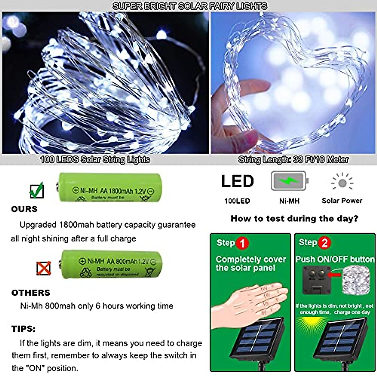 Solar Powered String Lights Solar Fairy Lights Patio Furniture, 10 Meters/33 Ft, 100LEDS/8 Modes, Waterproof Copper Wire Lighting for Indoor&Outdoor, Wedding, Home, Garden Decoration, 2 Pack - White