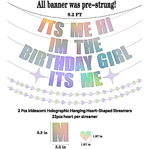 IT'S ME HI IM THE BIRTHDAY GIRL ITS ME Taylor Birthday Banner, Pre-Strung Iridescent Holographic Birthday Banner Sign with 2pcs Hanging Heart Shaped Streamers for Women Girl Party Gift Decoration