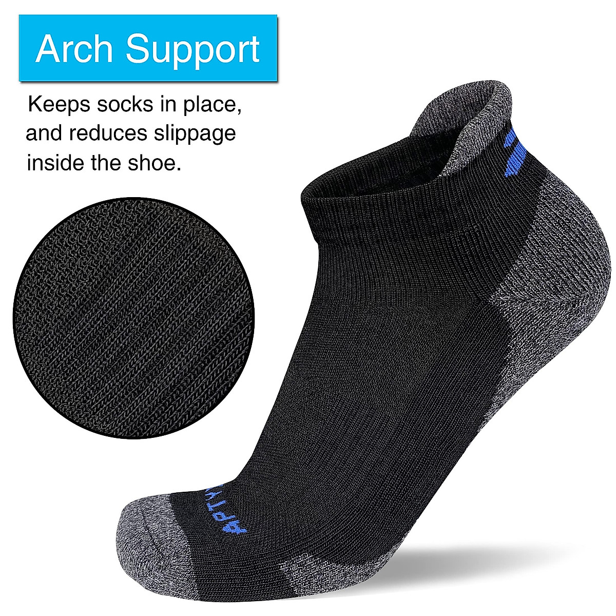 APTYID Men's Performance Cushion Ankle Athletic Running Socks, Black, Size 9-12, 6 Pairs