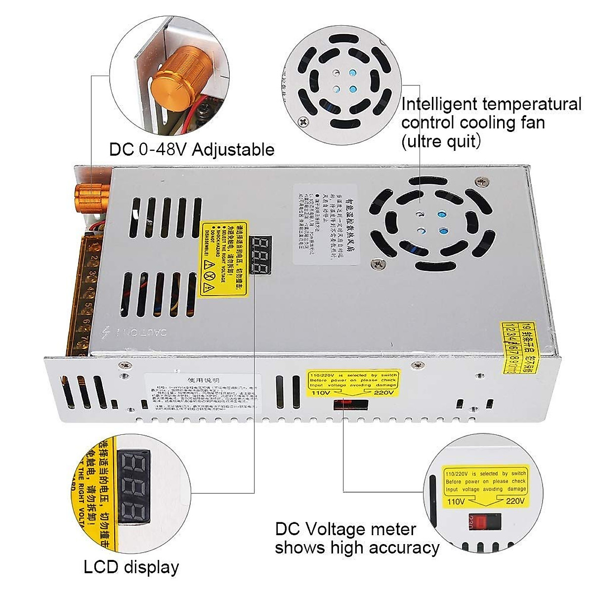 Adjustable DC Power Voltage Converter AC 110V-220V to DC 0-48V 10A Module Switching Power Supply Digital Display 480W Voltage Regulator Transformer Built in Cooling Fan