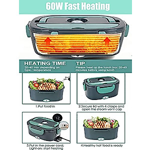 Vegoran Electric Lunch Box Food Heater,2 in 1 Portable Faster Food Warmer with 1.5L Removable Stainless Steel Container for Car/Truck/Home Work Adults, 12v/24v/110v/60w (Dark Green)