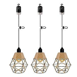 3er Pack Battery Operated Pendant Light Indoor Chandelier Hanging Lamp with Remote Control Timer LED Bulbs Boho Rattan Shade Outdoor Lantern for Gazebo Porch Patio Backyard Powered by 4*AA Batteries