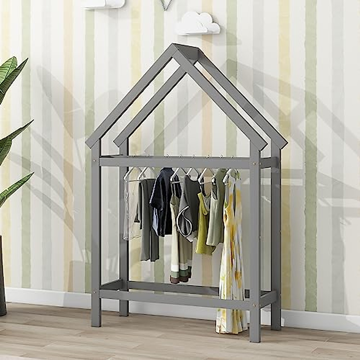 DEYOBED Gray Twin House Floor Bed with 2 Removable Stands - Unique House Design for Kids