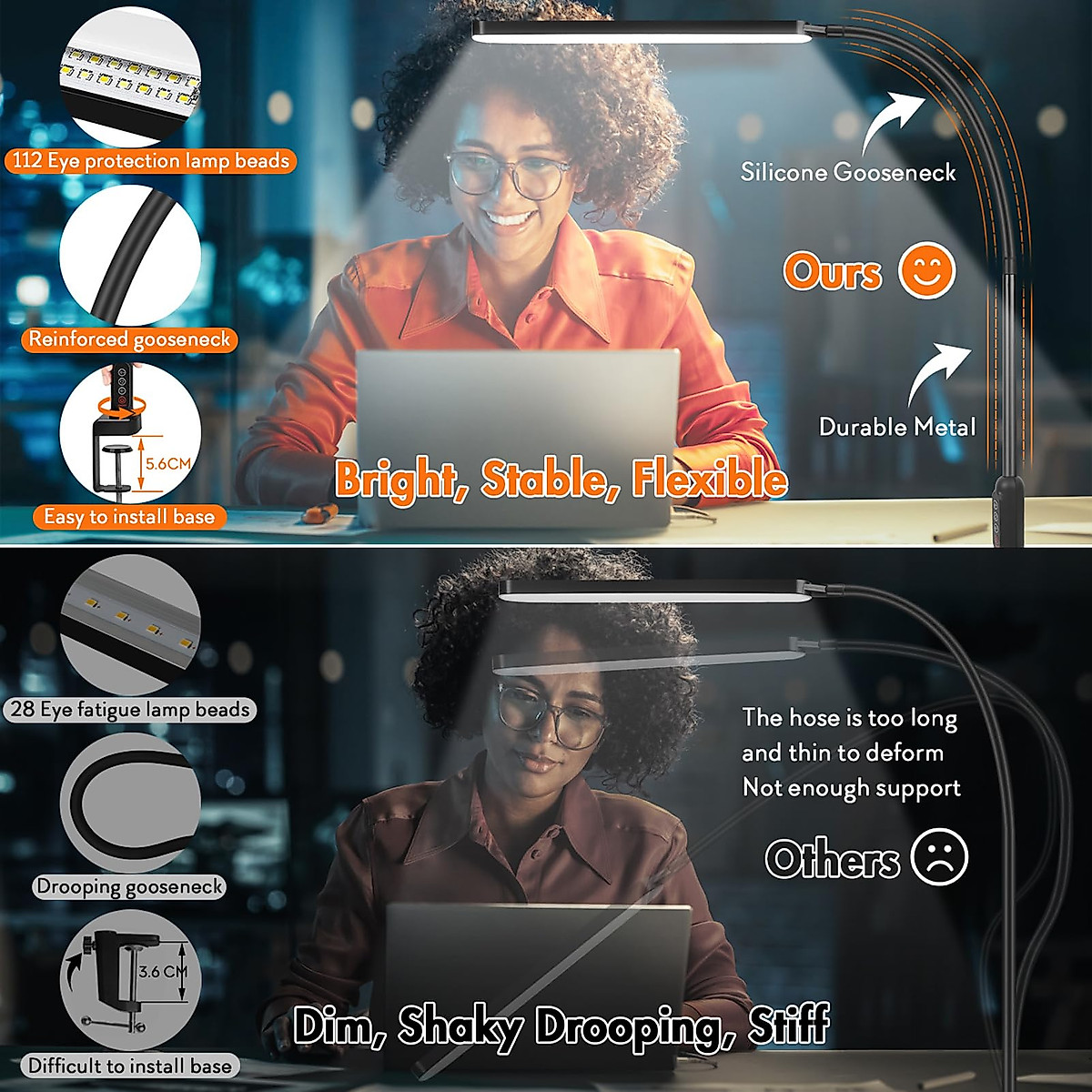 BIENSER LED Desk Lamp with Clamp, Super Bright, 11 LED Lights, 5 Color Modes, Flexible Gooseneck, Eye-Caring, Black, Metal & Silicone, Office Reading Lamp