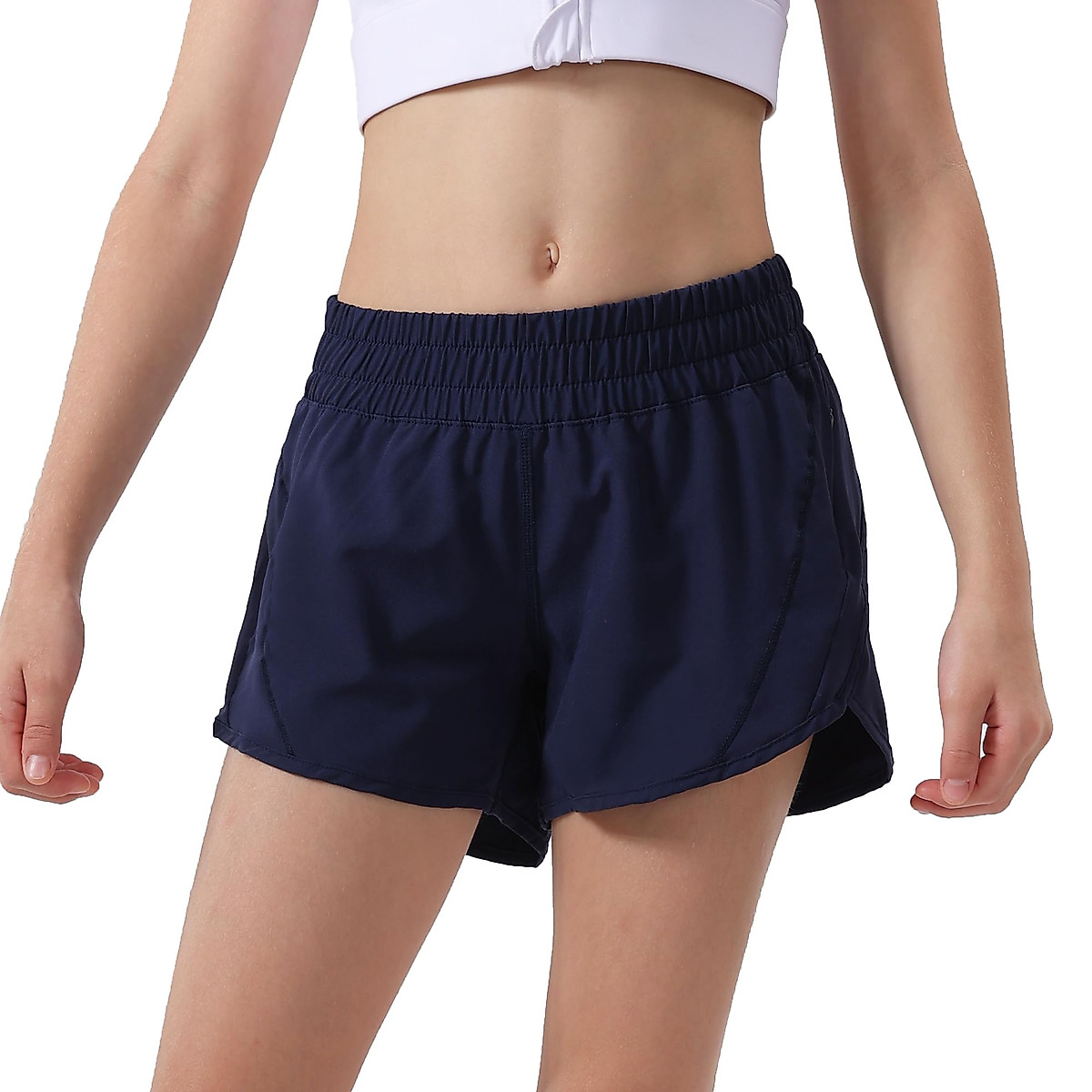 Aurefin Girls Athletic Shorts, Quick Dry Running Shorts for Kids Teen Girls Active Sports Track Shorts with Zip Pocket Liner Navy Blue/XS