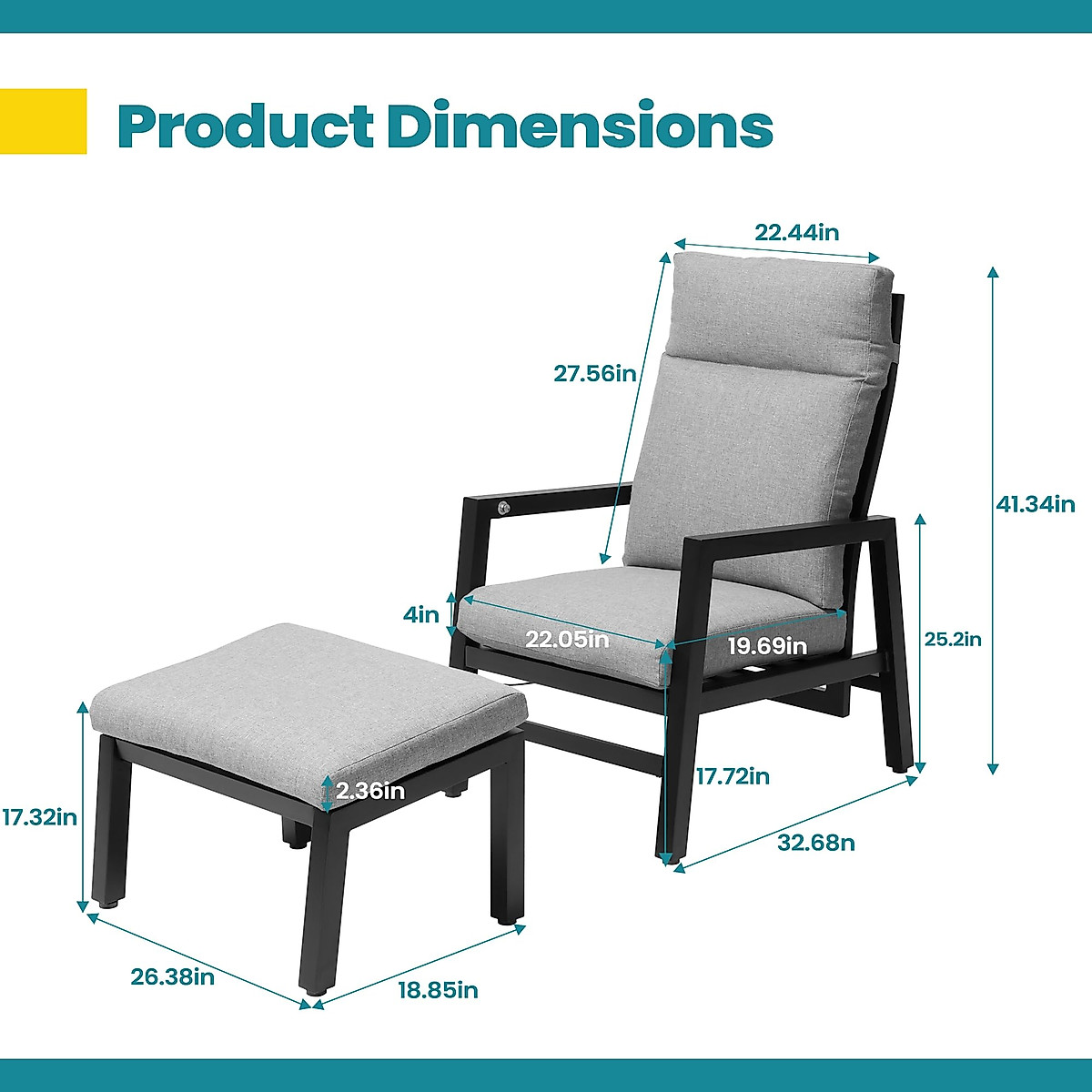 Pellebant Reclining Patio Chairs 2PC with Ottoman, Patio Reclining Chair with Cushion, Outdoor Conversation Set, All Weather Furniture for Patio, Lawn, Garden, Yard, Balcony, Poolside, Grey