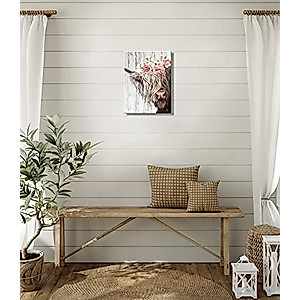 Cute Highland Cow Country Farmhouse Canvas Printing Rustic Bedroom Decor Retro Cow With Garland Wall Art Funny Home Artwork Print Used in Bathroom Office Kitchen Dining Room Decoration Size 12x16 inch