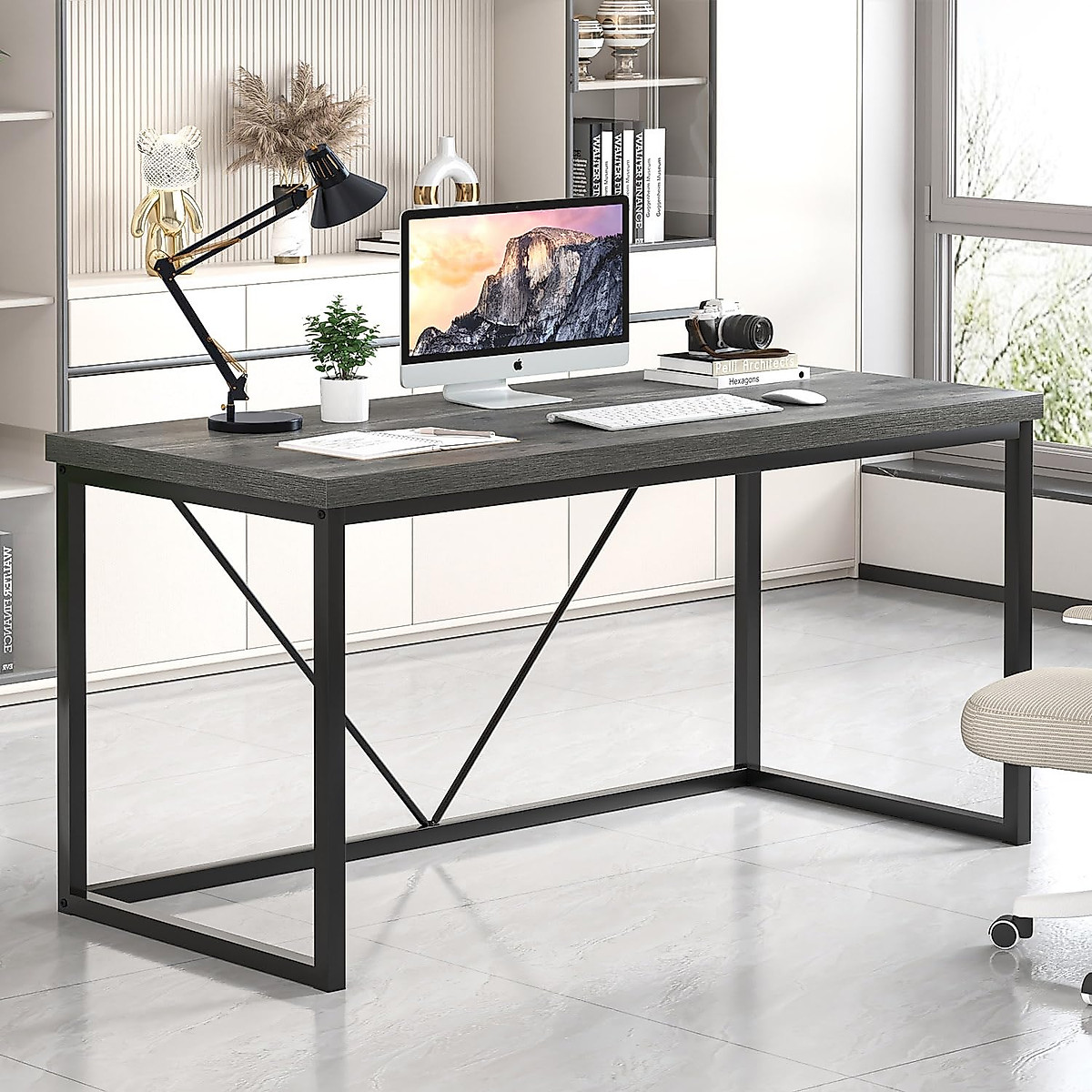 EXCEFUR 55 inch Computer Desk, Vintage Work Desk for Home Office, Rustic Wood and Metal Study Writing Table, Grey
