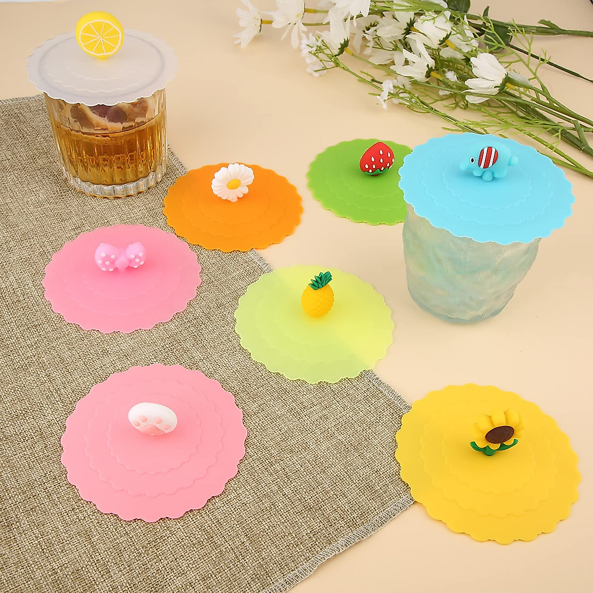 KINBOM 8pcs Silicone Cup Lids Mug Cover, Colorful Anti-Dust Silicone Mug Cover Cute Reusable Silicone Lids for Cups Mugs Beer Glasses Outdoors & Indoors (8 Styles)
