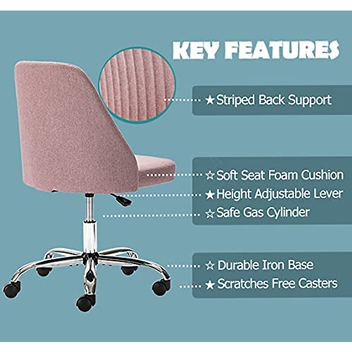 edx Home Office Desk Chair, Vanity Chair, Modern Adjustable Low Back Rolling Chair, Twill Upholstered Cute Office Chair, Desk Chairs with Wheels for Bedroom, Classroom, Vanity Room (Rose Pink)