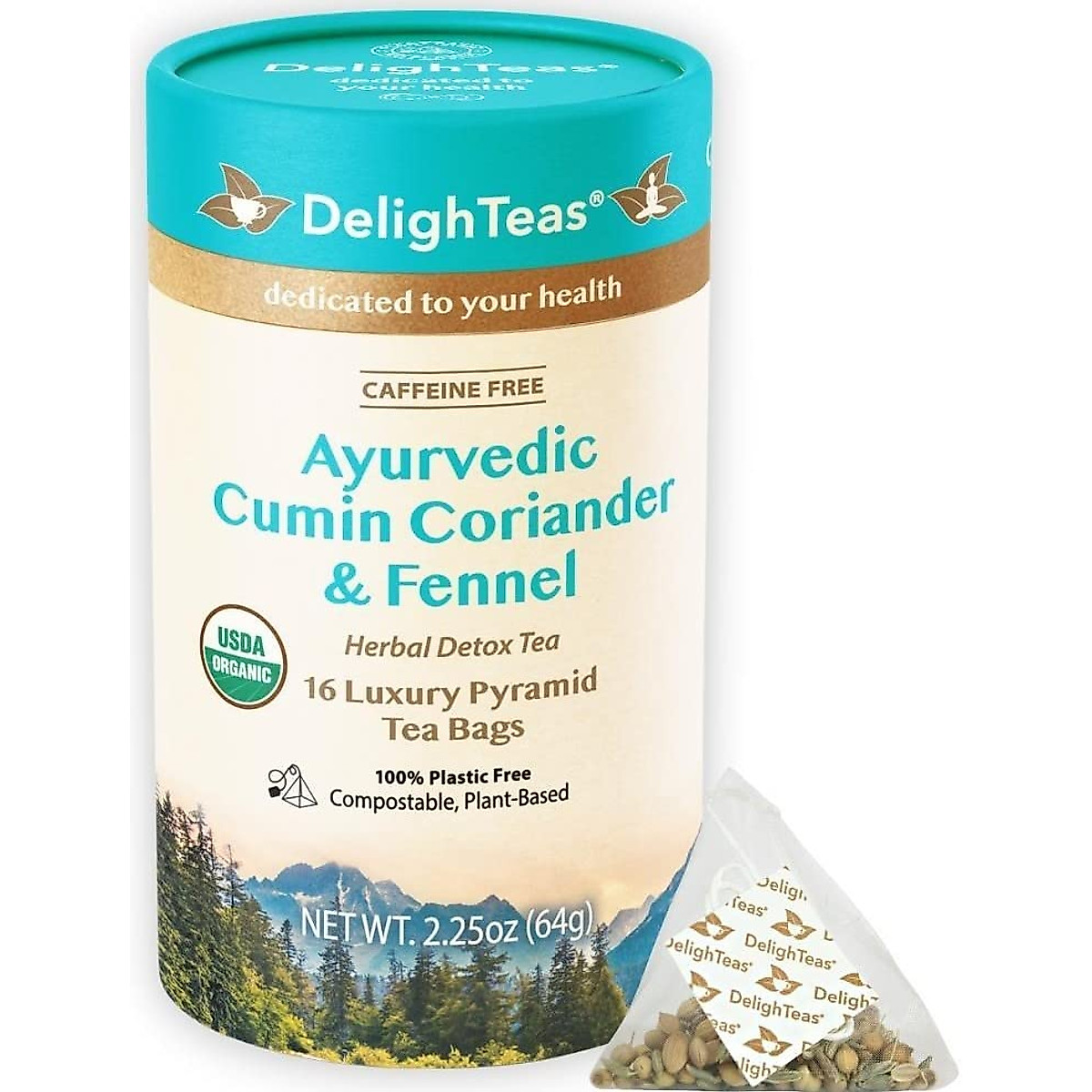 DelighTeas Organic Digest & Detox CCF Tea | Eco-friendly, Compostable Pyramid Tea Bags | Ayurvedic Cumin, Coriander, Fennel Tea | USDA Organic, Caffeine Free, Kosher | 16 Tea Bags, 4g each