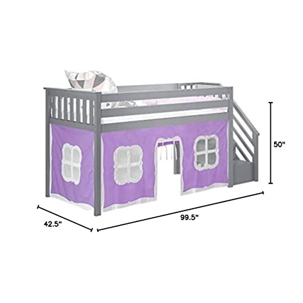 Max & Lily Low Loft Bed, Twin Bed Frame With Stairs and Curtains For Bottom, Grey/Purple