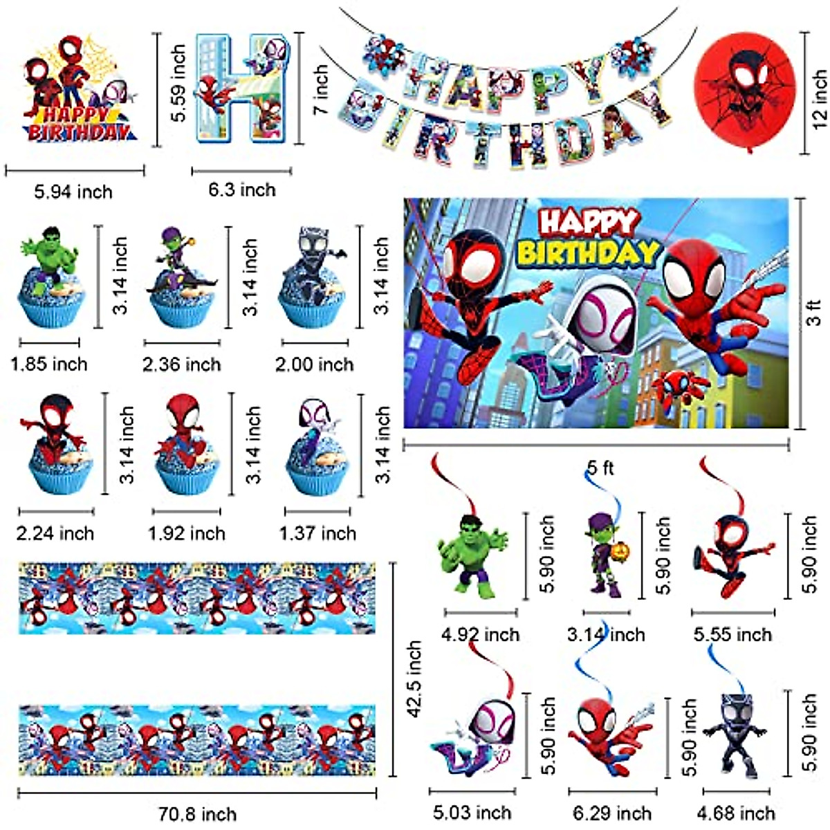 Spidey and His Amazing Friends Birthday Decorations, Party Supplies Set Include Banner, Backdrop, Balloons, Hanging Swirls, Cake Cupcake Toppers, Tablecloth for Boys Girls Spidey Theme Party
