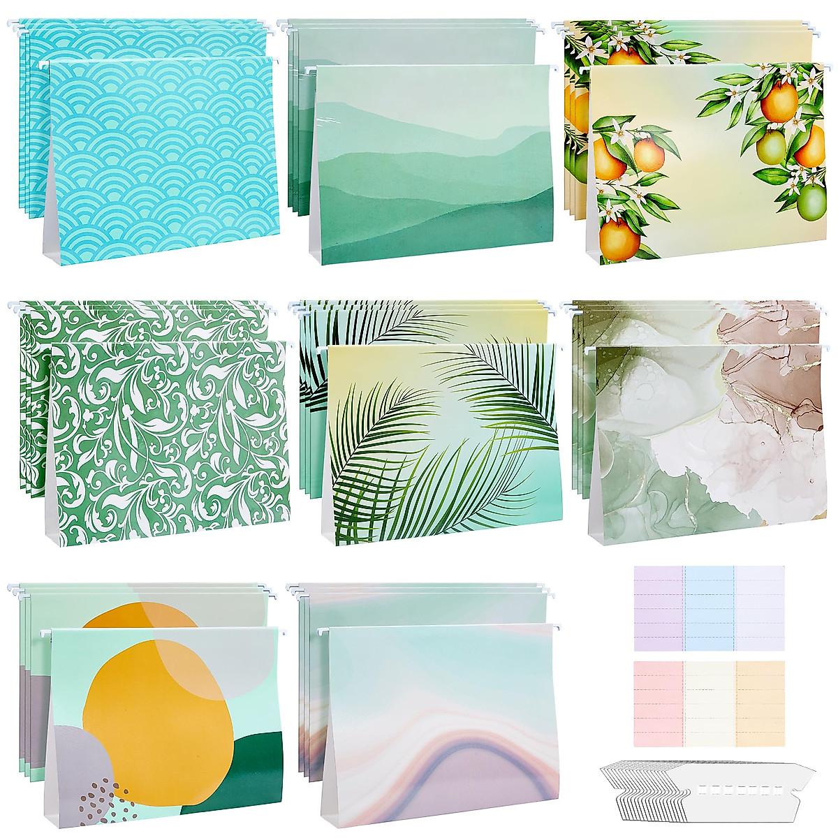 32 Colored Hanging File Folders with Tabs and Inserts, 8 Pretty Graphic Designs, 1/5 Cut Adjustable Tab, 9.3 x 11.7 Inches to Fit Letter Size Documents